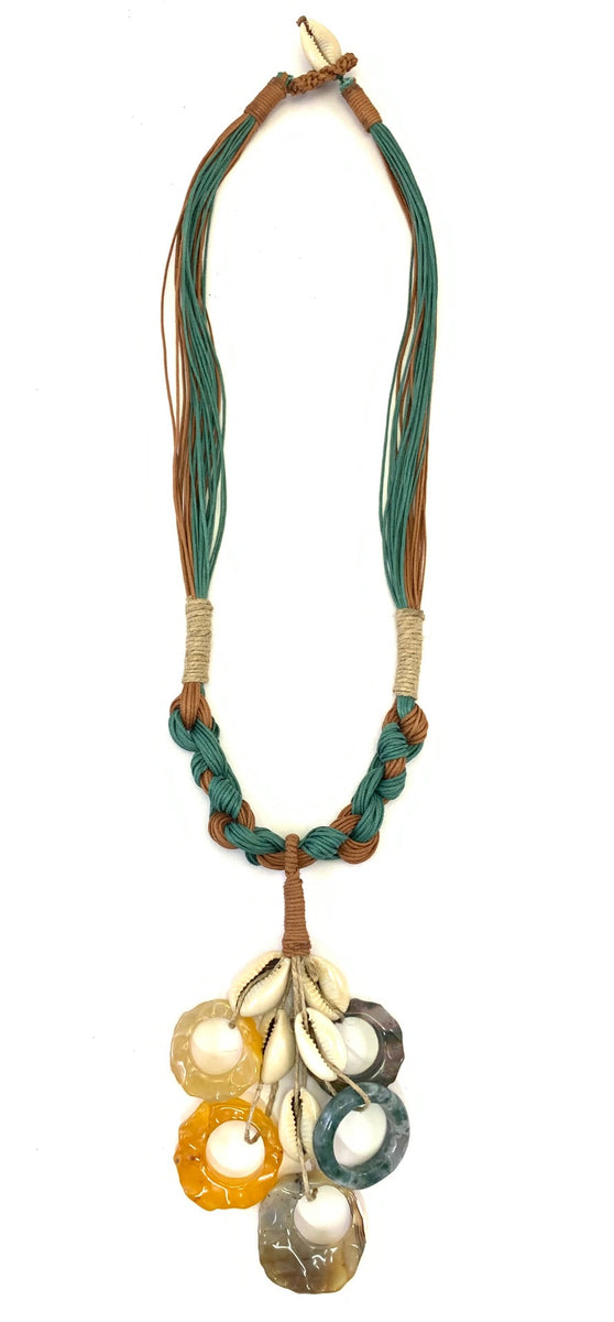 BROWN, GREEN COTTON WAXCORD SHELL STONE RING NECKLACE – dastakaaristore